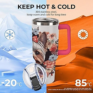 WYUSPGK 40oz Stainless Steel Car Mug, Yorkie Floral Print Travel Mug, Double-Wall Insulated with Straw, Perfect for Car, Office, Outdoor