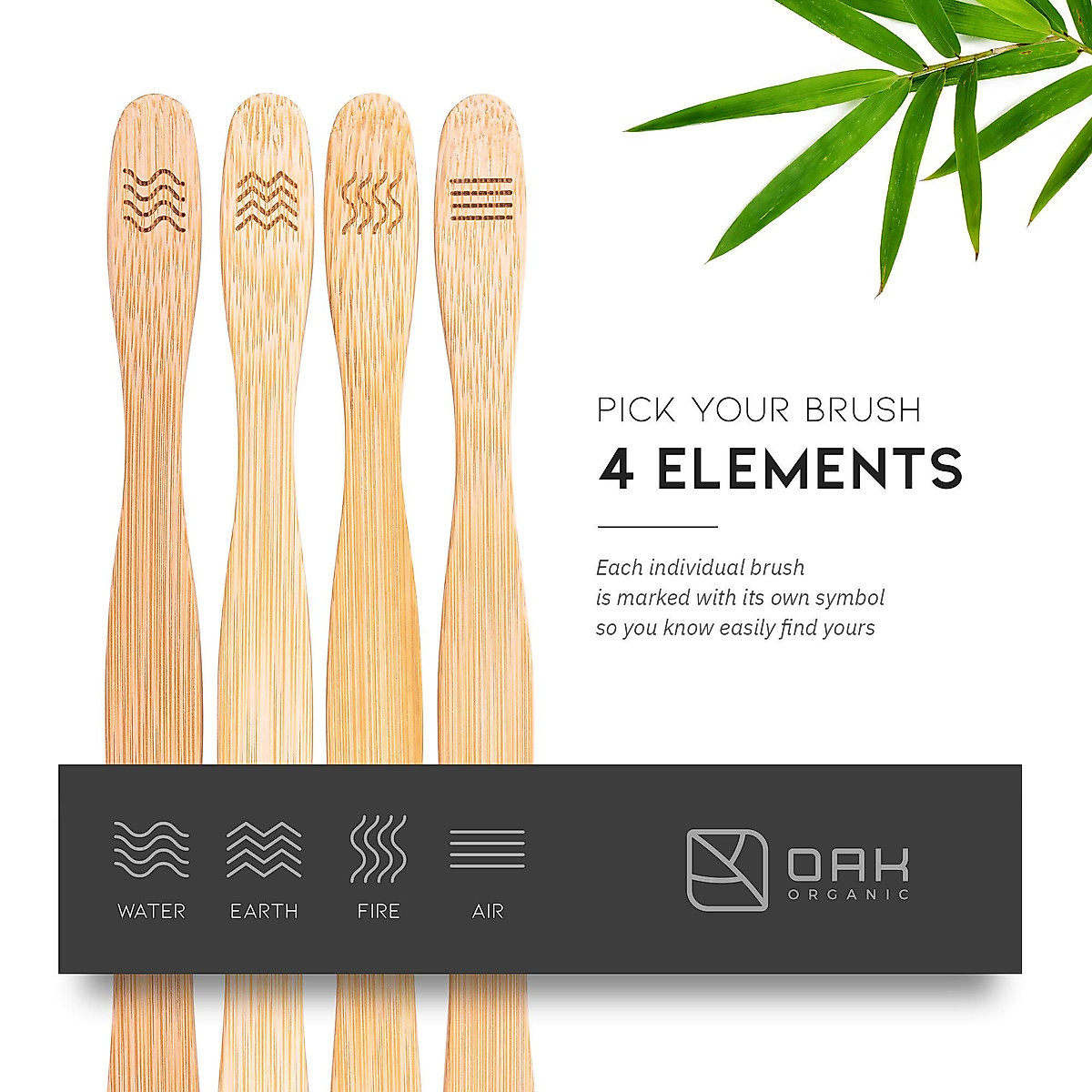 OAK ORGANIC Charcoal Toothbrush – Get Sparkling Clean Teeth – Natural Soft Bamboo Charcoal Toothbrush with Travel Case – Biodegradable Wooden Eco Toothbrush – 4 Set - EARTH, AIR, FIRE, WATER