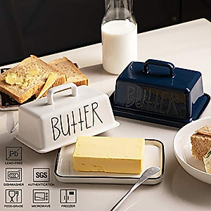 SWEEJAR Ceramic Butter Dish with Handle Lid, 7.3 Inch Porcelain Large Butter Keeper with Cover, Perfect for East/West Butter (White)
