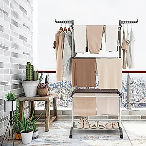 GOFLAME 4-Tier Clothes Drying Rack, Collapsible Clothes Horse Rack with Rotatable Side Wings and Foldable Shelves, Freestanding Garment Dryer Stand with Casters for Indoor and Outdoor Use