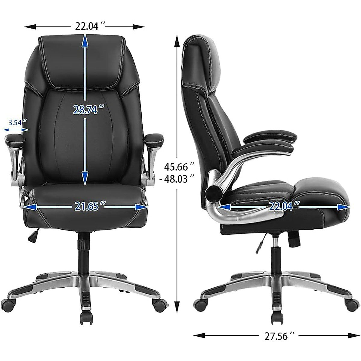 KCREAM Comfortable Executive Office Chairs with Back Support & Flip up Arms, 90-120° Rocking Faux Leather Ergonomic Home Desk Chairs Managerial Chair (Black)