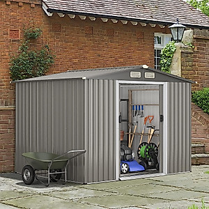 Goplus 8.5’ x 6.8’ x 6’ Outdoor Storage Shed, Weather-Resistant Utility Storage House w/Foundation, 4 Air Vents, Double Doors & Ramp, Galvanized Steel Tool Shed for Garden, Lawn, Patio, Yard