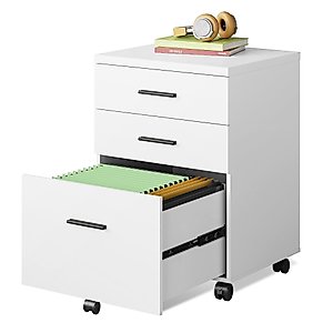 DEVAISE 3 Drawer File Cabinet for Home Office, Wood Under Desk Filing Cabinet, Rolling Printer Stand with Wheels, White