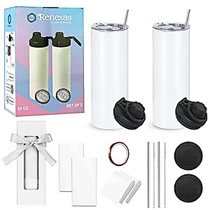 2 Pack 20 Oz Sublimation Tumblers with Lids and Straws, Insulated Stainless Steel 20 Oz Tumbler Bulk, Individual Box Skinny Tumblers with Lids and Straws, Bottle Cap, Shrink Wrap, Heat Resistant Tape