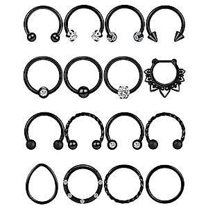 ONESING 16Pcs Black Septum Rings 16G Surgical Steel Septum Jewelry Black Septum Nose Ring Septum Horseshoe Septum Piercing Jewelry Helix Tragus Earring Lip Black Nose Hoop Body Piercing Jewelry