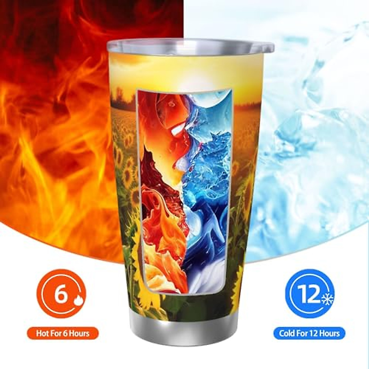 Sunflower Field Sunset Tumbler with Lid and Straw 20oz Stainless Steel Car Cup for Hot and Cold Drinks, Double Wall Insulated Travel Coffee Mug Reusable Drink Thermos Cup Birthday Gifts