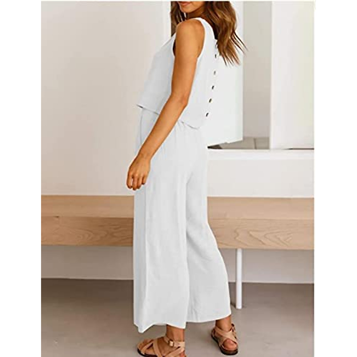 Meyhad Womens Cotton Linen 2 Piece Outfits Crop Tank Tops Wide Leg Pants Set Casual Lounge Sets(0350-White-XL)