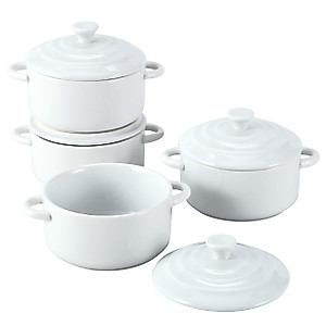 Bruntmor 8.5 Oz Mini Cocotte Ceramic Ramekins for Baking, Mini Casserole Dish with Lid, Cute Stoneware Individual Severing Pot, Ramekins 8 ounce oven safe Souffle Dish (White)