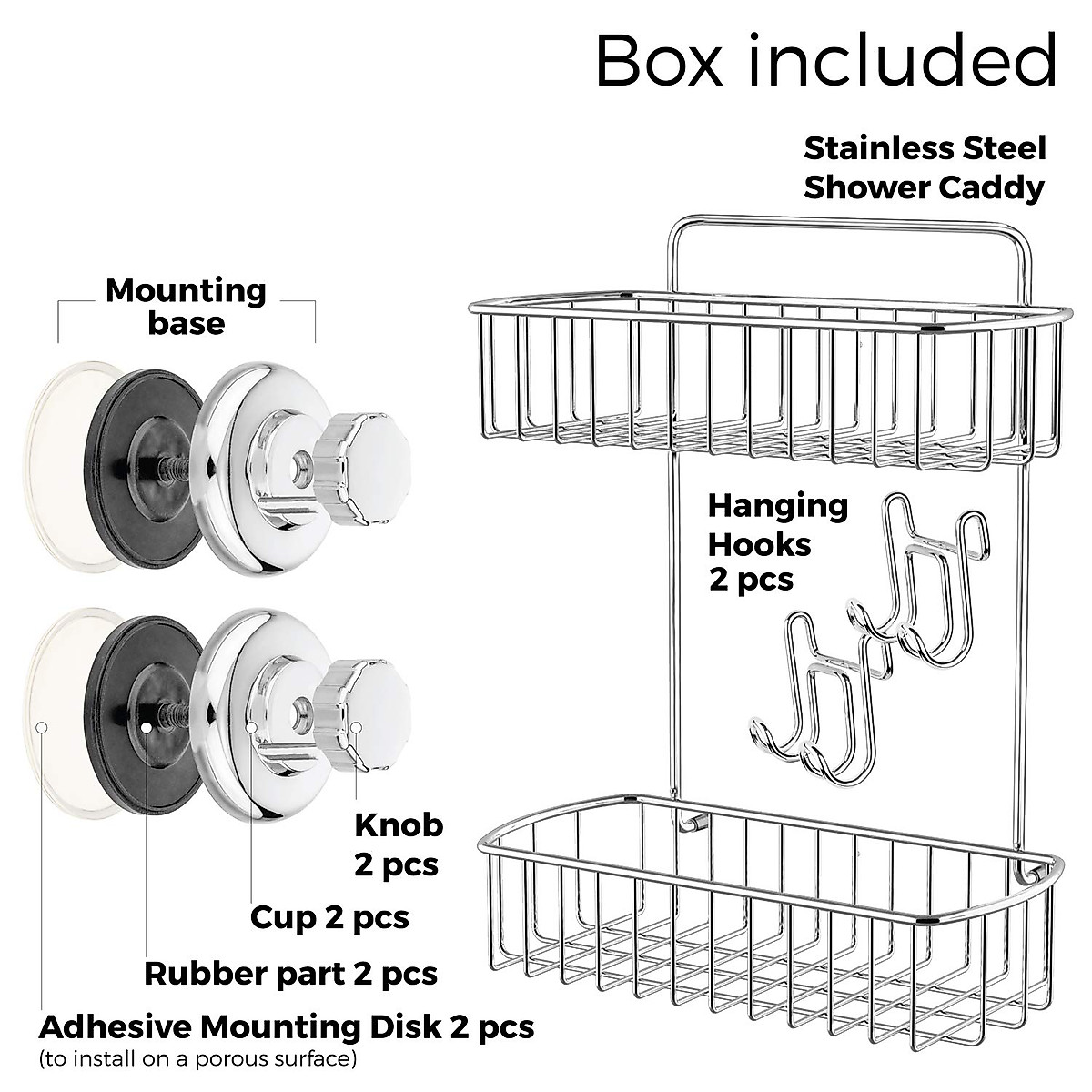 HASKO accessories - Shower Caddy with Suction Cup - 304 Stainless Steel 2Tier Basket for Bathroom - Rustproof (Chrome)