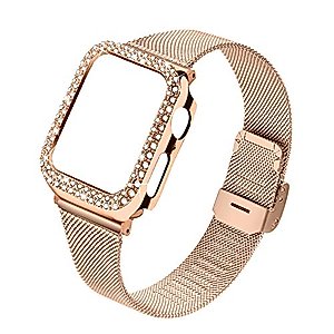 JOYOZY Stainless Steel Mesh bands Compatible For Apple Watch 40mm,Women Bling Protective Crystal Diamond Case with Loop Mesh Strap For Apple watch Series 6/SE/5/4 (No Tool Needed) (Rose Gold, 40MM)