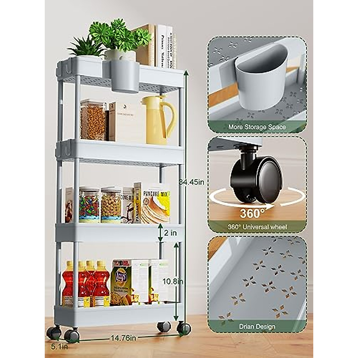LEHOM 5.1" Slim Storage Cart - 4 Tiers Bathroom Organizer Mobile Shelving Unit Storage Rolling Utility Cart Slide Out Organizer for Kitchen Bathroom Laundry Narrow Places, Grey