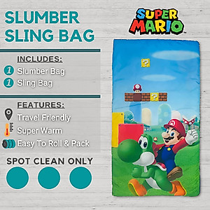 Super Mario Kids Soft Lightweight 2 Piece Sleeping/Slumber Bag and Sling Bag Set, 46"(L) X 26"(W), (Official Licensed Nintendo Product) by Franco
