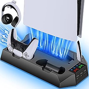 CYKOARMOR PS5 Stand with Cooling Station and Dual Controller Charging Station for PS5 Digital Edition, PS5 Disc Version, PS5 Cooling Fan with Headset Holder and 3 Adjustable Fan Speeds Black