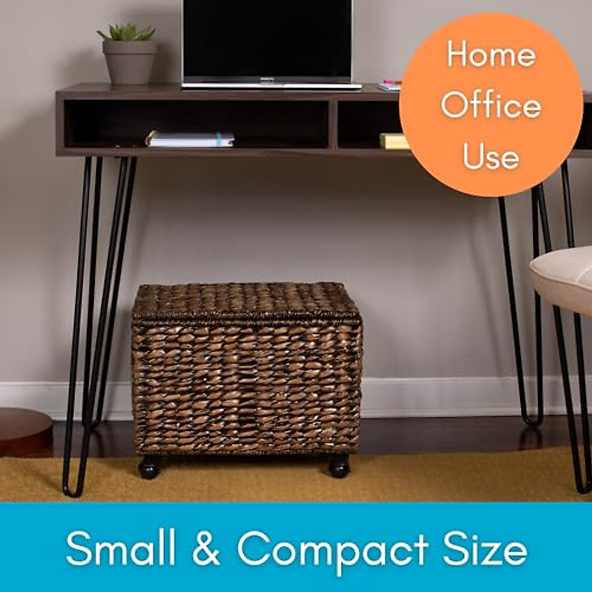 BIRDROCK HOME Rolling File Cabinet with Lid | Small Wooden Under Desk Organizer | Seagrass Basket with Wheels | Portable Home Office Filing System - Mini Decorative Box, Single Drawer, Brown Wash