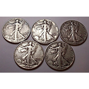 Count of 5 - Walking Liberty Half Dollar 5 Different Dates F/VF 90% Silver Fine to Extra Fine