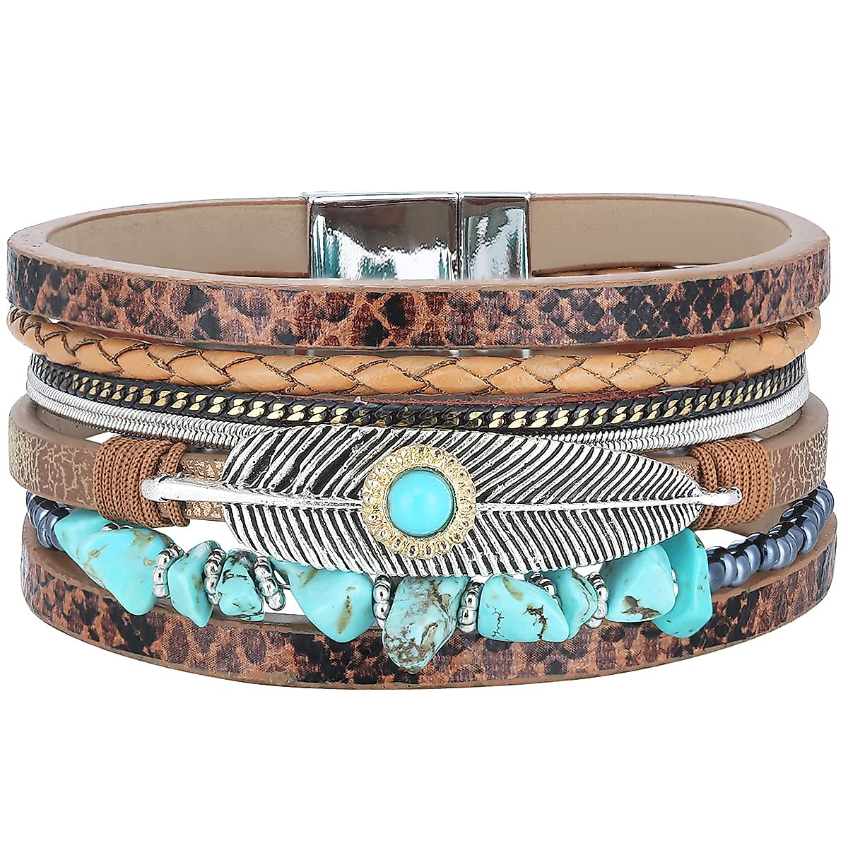 AZORA Turquoise Stone Leather Wrap Bracelet Feather Cuff Bracelets Bohemian Woven Bracelet for Women Gift Brown