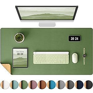 Aothia Office Desk Pad, 31.5" x 15.7" Large Mouse Pads, Cork and PU Leather Dual-Sided Laptop Desk Protector, Writing Pad, Easy to Clean, Waterproof for Office Work/Home/Decor (Deep Green)