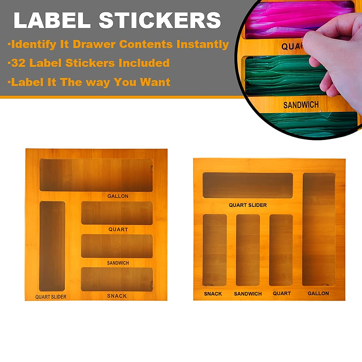 Storm Elf Ziplock Bag Storage Organizer for Kitchen Drawer Compatible with Ziploc, Solimo, Glad, Hefty for Gallon, Quart, Sandwich and Snack Variety Size Bag (1 Box 5 Slots)