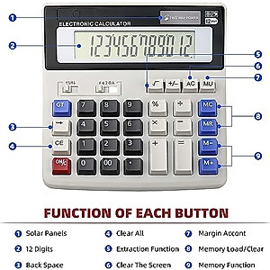 Calculator, Calculators Large Display and Buttons, Solar Battery Dual Power, Big Button 12 Digit Large LCD Display (White)