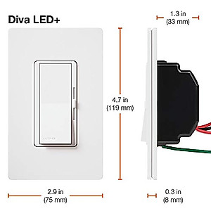 Lutron Diva LED+ Dimmer for Dimmable LED, Halogen and Incandescent Bulbs with Wallplate | Single-Pole or 3-Way | DVWCL-153PH-WH | White
