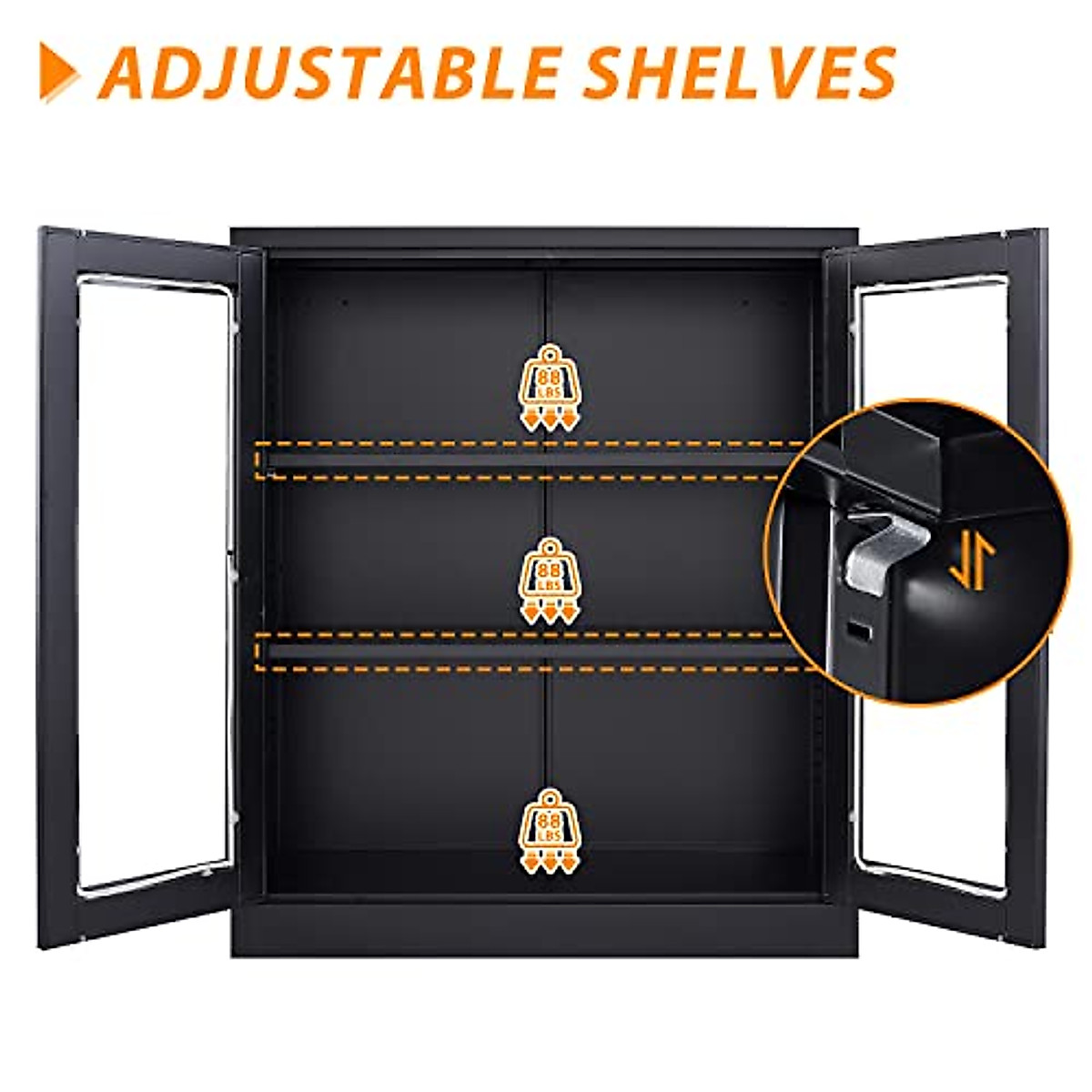 Anxxsu Metal Storage Cabinet with Glass Door, Locking Display Storage Cabinet with 2 Glass Doors and 2 Adjustable Shelves for Home, Office, Bedroom Storage (Black)