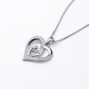 DAOCHONG Mother Holding Child Sterling Silver Mothers Love Heart CZ Pendant Women Necklace 18 inches
