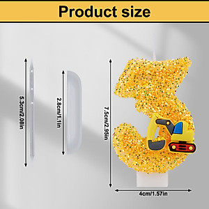 Construction Birthday Candles, Glitter Number Candles for Cake Decorations Yellow Sequined Truck Themed Cupcake Topper for Boys Birthday Party Supplies (Number 3)