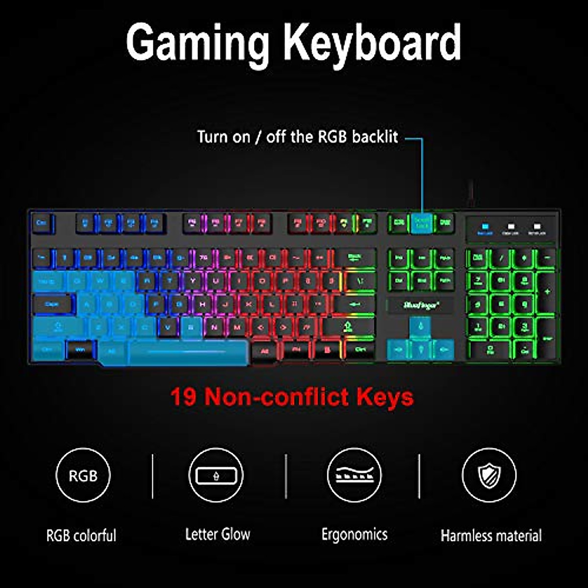 BlueFinger RGB Gaming Keyboard and Backlit Mouse and Headset Combo,USB Wired Backlit Keyboard,LED Gaming Keyboard Mouse Set,Headset with Microphone for Laptop PC Computer Game and Work