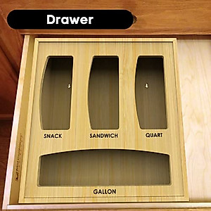 Ninjur Bamboo Ziploc Bag Storage Organizer & Dispenser for Kitchen Drawer – Food Baggie Organization Holder with Slider - Compatible with Gallon, Quart, Sandwich and Snack Plastic Bags
