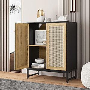 Kopuity Sideboard Buffet Cabinet, Storage Cabinet with Double Rattan Doors, Modern Rattan Sideboard Cabinet, Kitchen Storage Cabinet with Metal Feet, for Entryway, Bedroom, Living Room (Black)