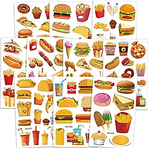 Konsait Food Temporary Tattoos for Kids, Ice Cream Hamburger French Fries Donuts Fake Waterproof Tattoo Stickers for Children Girls Boys Birthday Party Summer Party Cosplay Supplies