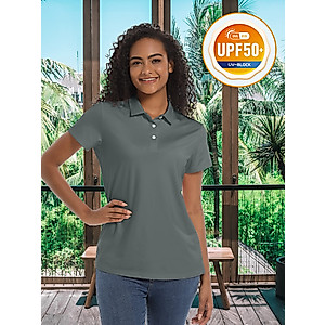 TACVASEN Women's Polo Sun Protection Athletic Shirts Short Sleeve Golf Shirt 3-Buttons Collared Tops, Dark Grey, S