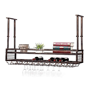 Industrial Hanging Wine Rack with Glass Holder and Shelf,Adjustable Ceiling Bar Wine Glass Rack,2-Layer Metal Wall Mounted Wine and Glass Rack,Iron Bottle Holder Wine Shelf(47.2in,Bronze)