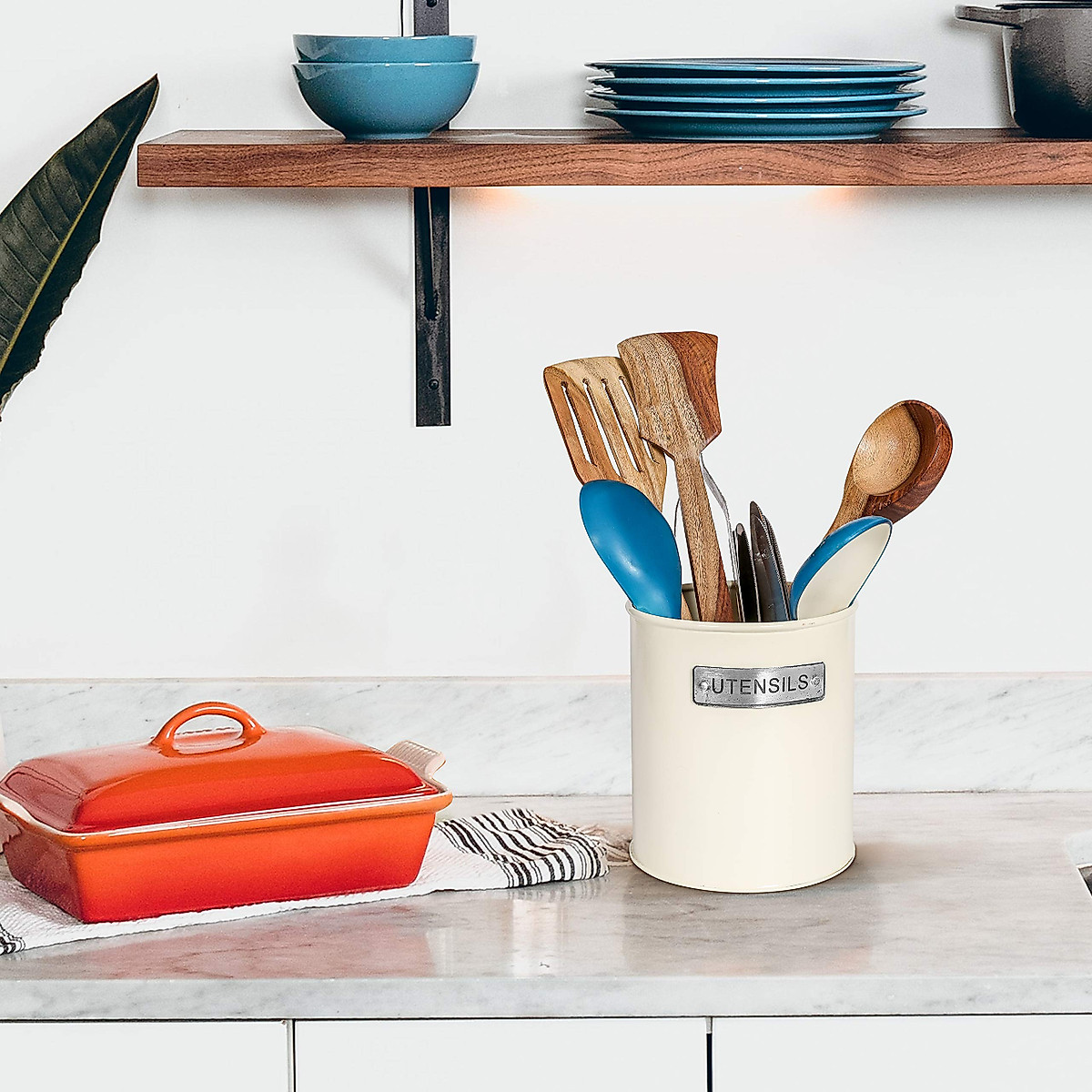 Farmhouse Kitchen Utensil Holder Large Utensil Organizer - Utensils Holders Crock with Sturdy Rustic Farmhouse Countertop Decor, Utensil Storage Caddy Organizer, Off White - 5.5 x 6 Inches