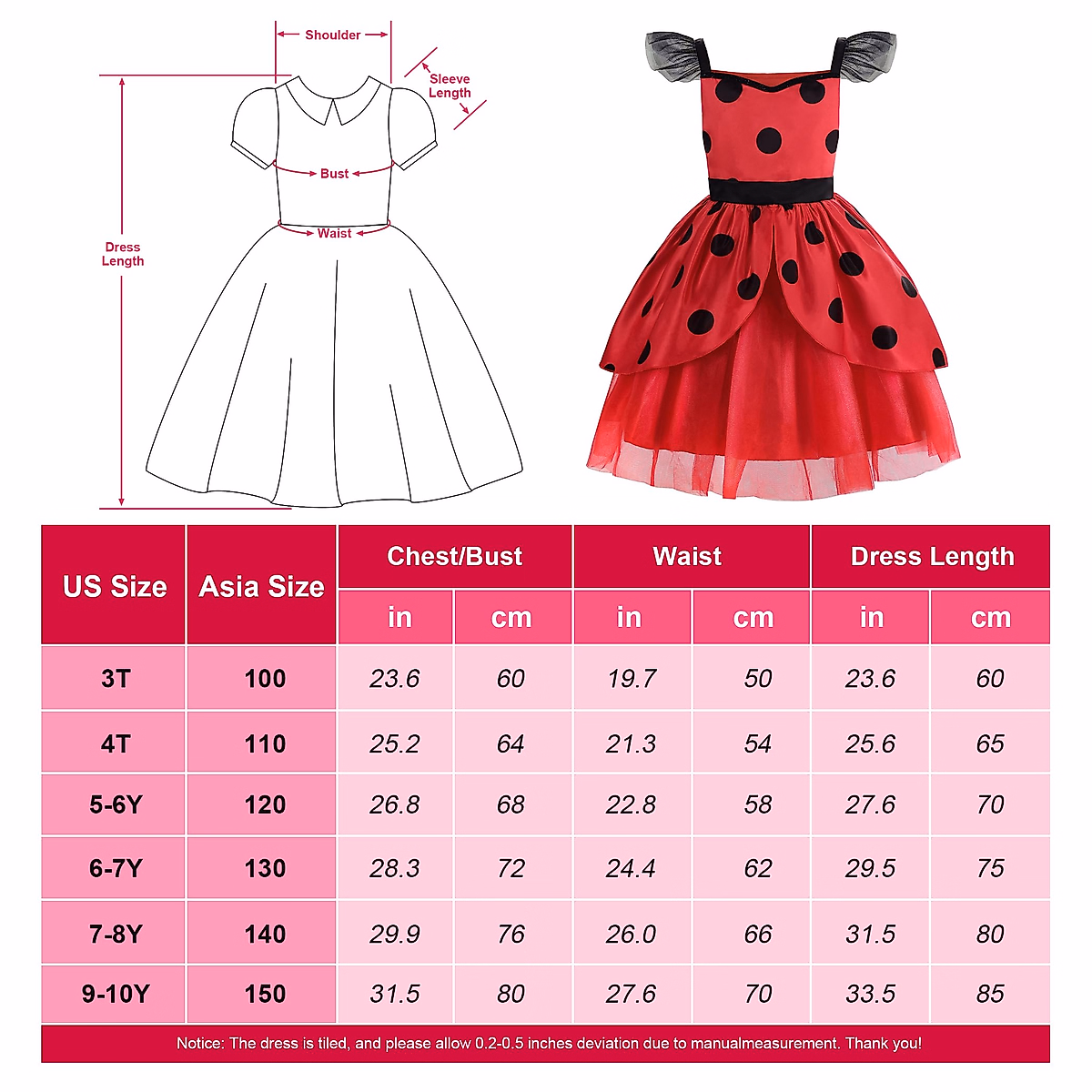 ReliParty Ladybug Dress for Girls with Mask and Bag Costume for Kids Dress Up Costume Birthday Halloween Christmas,140