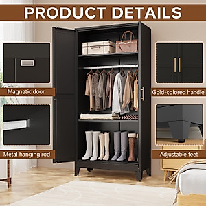 pozdeg Metal Armoire Wardrobe Closet, 71" Tall Clothing Storage Cabinet with Hanging Rods, Household Closet Organizers with Adjustable Shelves for Home Office or Gym (Black)
