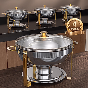 Amhier 5 Qt Chafing Dishes for Buffet with Glass Lid and Holder, Stainless Steel Chafing Dish Buffet Set with Food and Water Pans for Parties and Weddings, Gold, 4 Pack