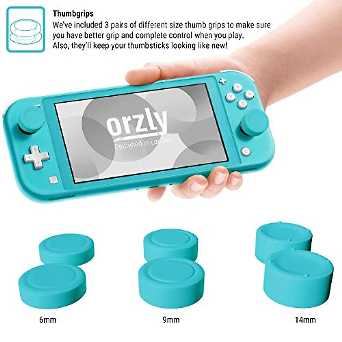 Orzly Grip Case for Nintendo Switch Lite – Case with Comfort Padded Hand Grips, Kickstand, & Pack of Thumb Grips - Turquoise Blue