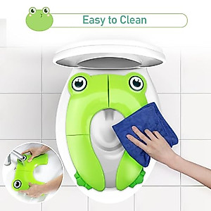 Pejoye Foldable Potty Toilet Training Seat, Travel Portable Toilet Seat Toddler, Folding Potty Training Seat for Kids with 6 Anti Slip Silicone Pads and 1 Carry Bag, Green Frog