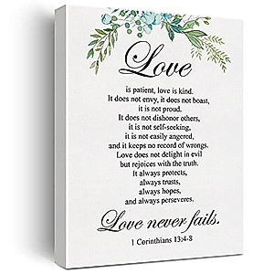 Christian Canvas Wall Art Love is Patient Love is Kind 1 Corinthians 13:4-8 Canvas Print Positive Scripture Canvas Painting Home Bedroom Wall Decor Framed Wedding Gift 12x15 Inch