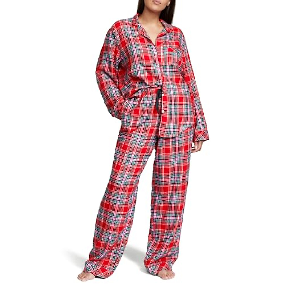 Victoria's Secret Flannel Pajamas, Long Sleeve Button Down & Pant Set, Sleepwear for Women, Lipstick Beauty Plaid, L