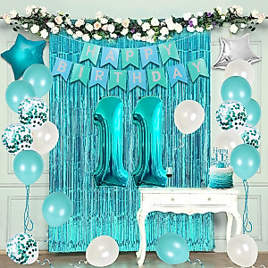 11th Birthday Decorations for Girls Teal - Happy 11th Birthday Decorations Eleventh Birthday Cake Topper Teal Fringe Curtain Turquoise Banner Number 11 Foil Balloon, 11 Year Old Girl Gift Ideas
