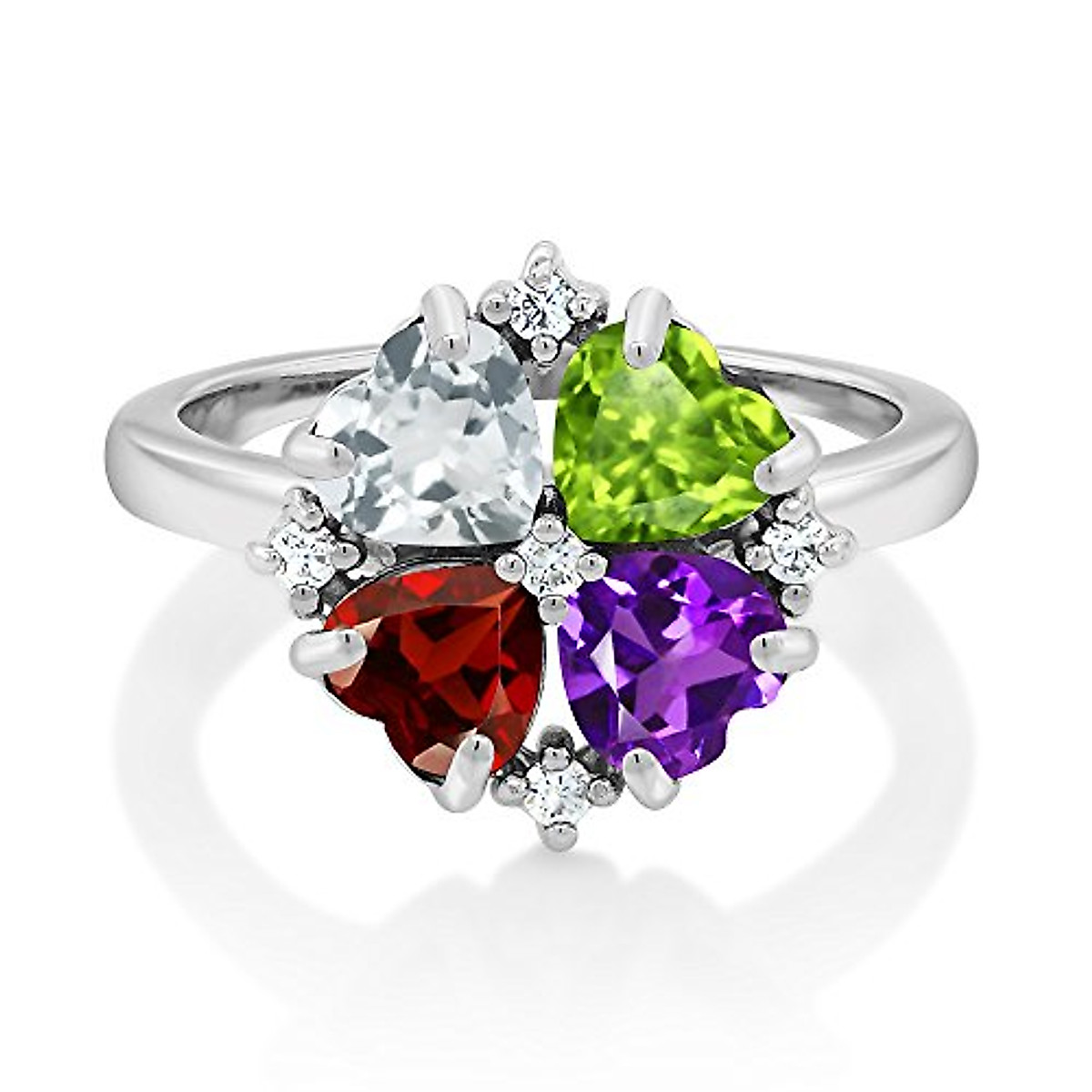 Gem Stone King 925 Sterling Silver Personalized Customized 4 Gemstone Birthstone Name Engraved Heart Shape Ring For Women (Available In Size 5, 6, 7, 8, 9)