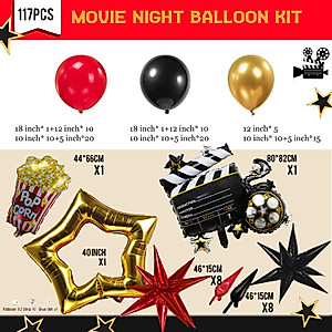 Movie Night Themed Balloon Garland Arch Set 119pcs Red Black Gold with Mylar Camera Stars Popcorn Movie Clapperboard Balloons for Birthday Movie Theme 2025 Graduation Party Decorations