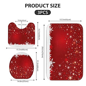 ArtSocket Christmas Bathroom Rugs and Mats Set 3 Piece, Snowflake Red Rugs Non Slip, Winter Snow Absorbent Microfiber Memory Foam Bath Mat Machine Washable Bathroom Floor Mats
