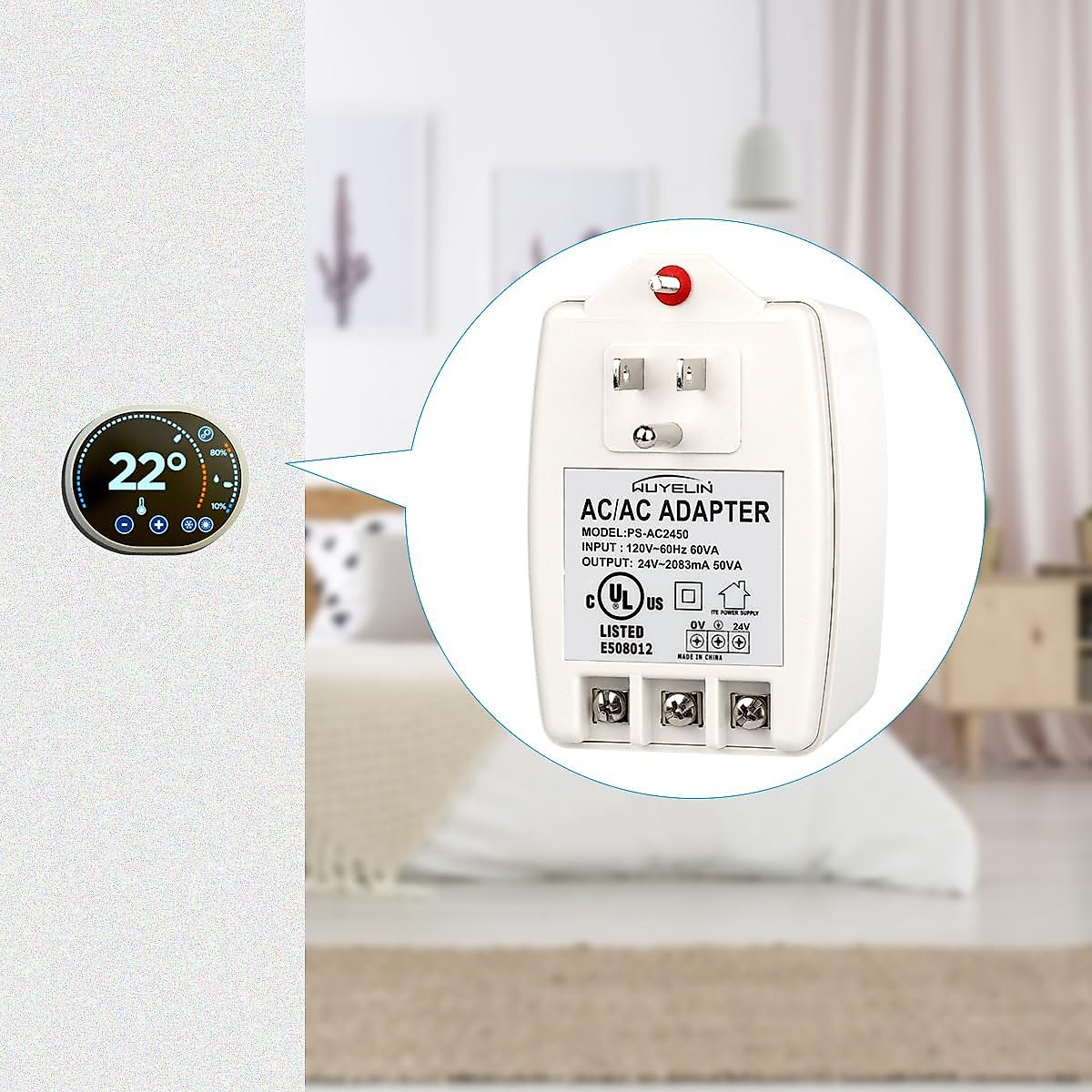 24VAC 50VA Wall Transformer with PTC Fuse Compatible with All Versions of Doorbell，Nest, Ecobee, Sensi and Honeywell Thermostat,Water Solftener,Screw Terminal Output