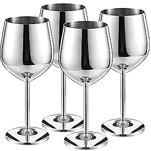 Set of 4 Stainless Steel Wine Glass 18 oz Silver Unbreakable Wine Glasses Elegant Modern Wine Glasses Portable Metal Wine Glass Wine Cup with Stems Stainless Steel Wine Tumbler for Drinking Goblets
