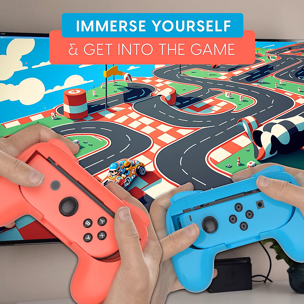 TALK WORKS 4-Pack Gaming Controller Compatible with Nintendo Switch + OLED Joy-Con - Extended Trigger Buttons, Ergonomic Design for Comfort Hold, Secure Grip for Joy-Con Controllers - 2 Red, 2 Blue