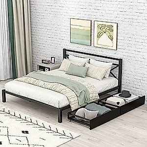 RORIGAT Queen Bed with 2 Drawers, Metal Platform Heavy Duty Beds Frames with Storage, Noise-Free, No Box Spring Needed/Easy Assembly (Queen Size, Black)