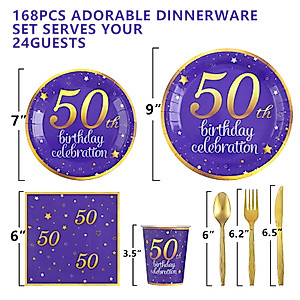 168PCS 50th Birthday Party Supplies Disposable Paper Plates Napkins Cups Knives Spoons Forks for Men women Purple and Gold 50 Birthday Party Decorations Serve 24